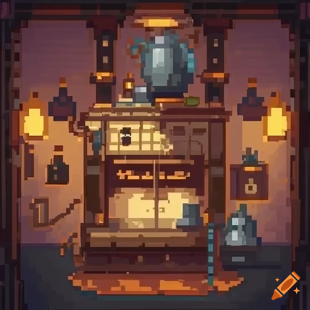 Pixel art of a steampunk medieval kitchen on Craiyon