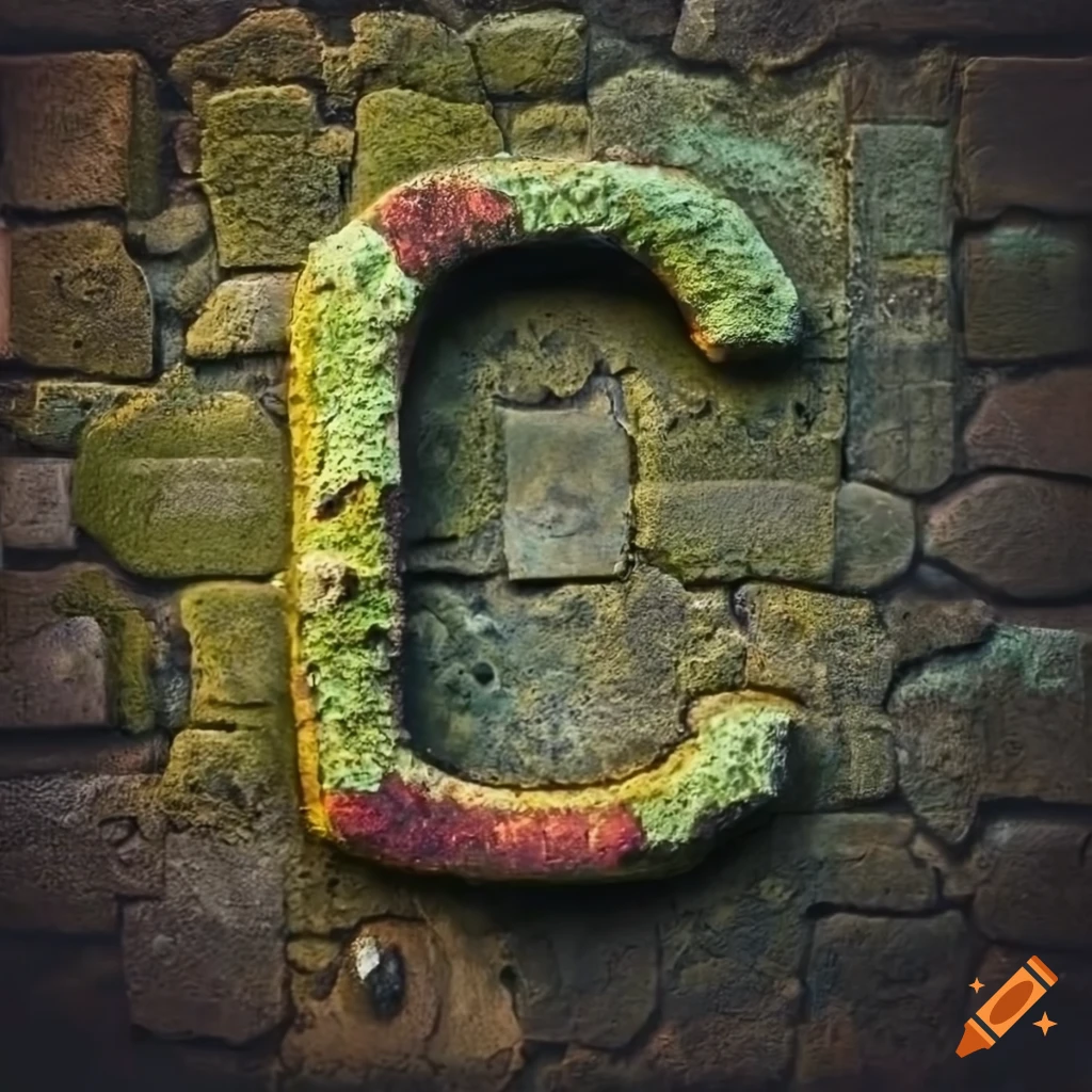 Moss-covered steampunk stone letters on a wet wall on Craiyon