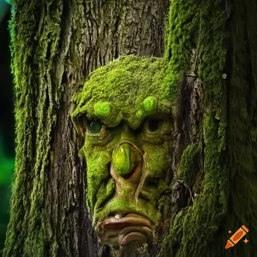 Moss-covered ancient giant tree with a human-like face on Craiyon