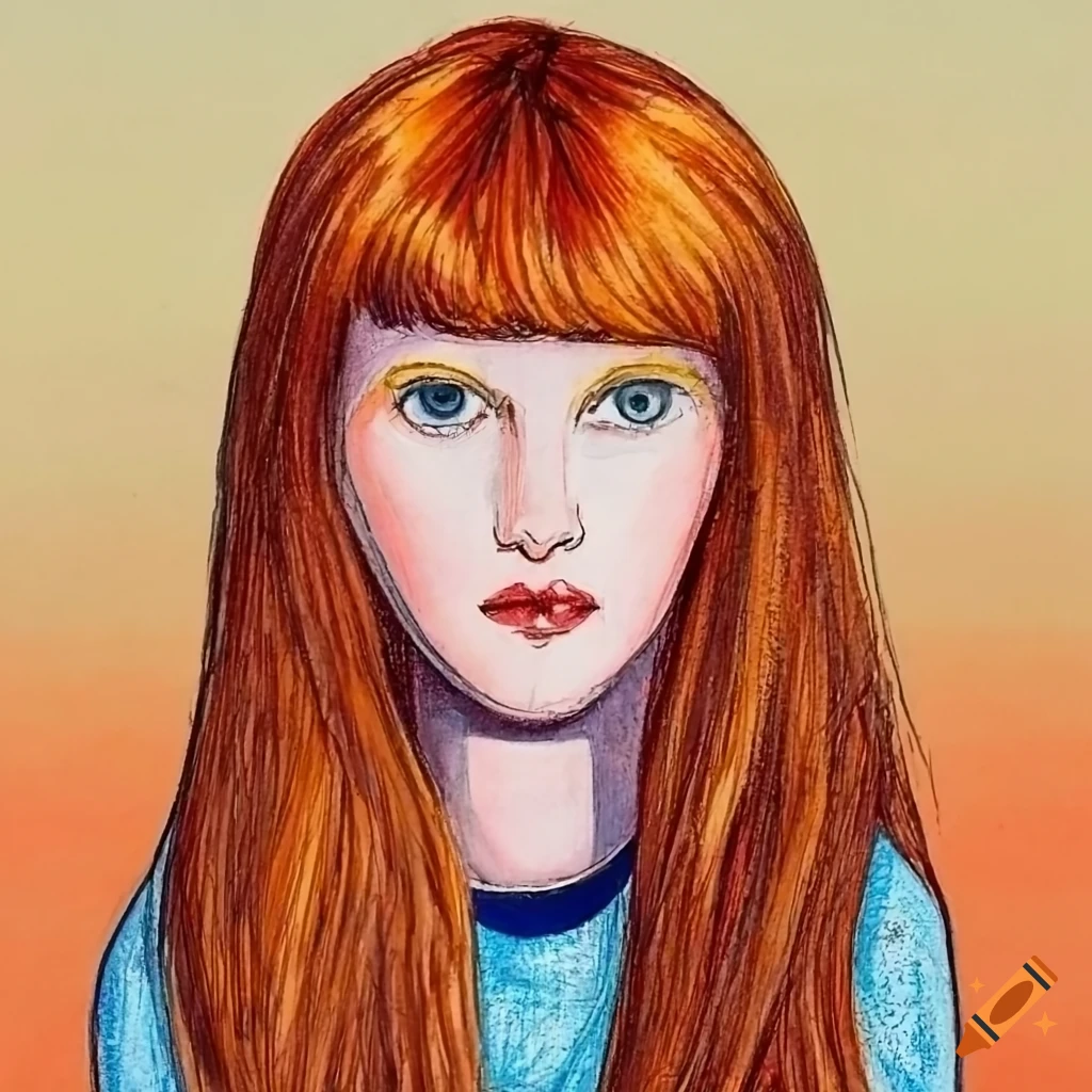 Crayon drawing of a red-haired girl in industrial backdrop on Craiyon