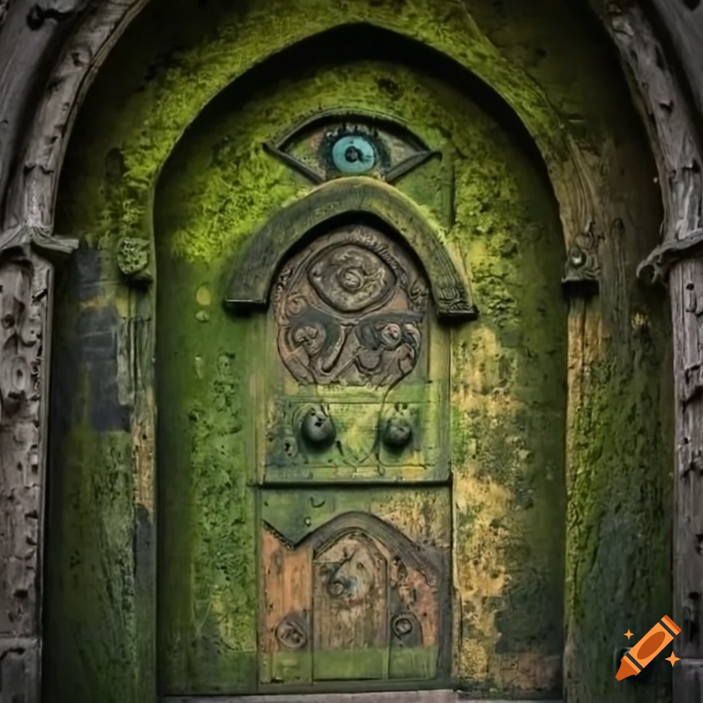 Engraved all-seeing eye of god on moss-covered door on Craiyon