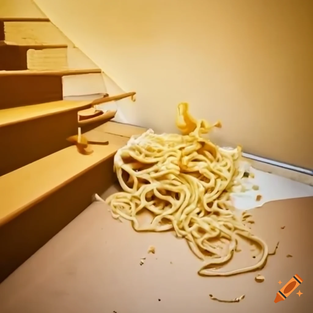 Creative photography of spilled noodles on staircase on Craiyon