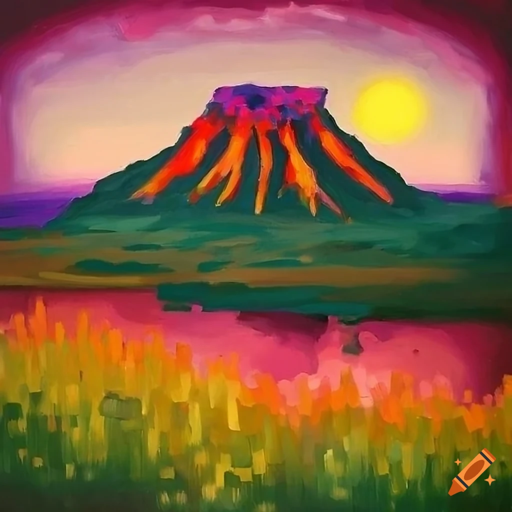 Acrylic painting of a minecraft prairie with an erupting volcano on Craiyon