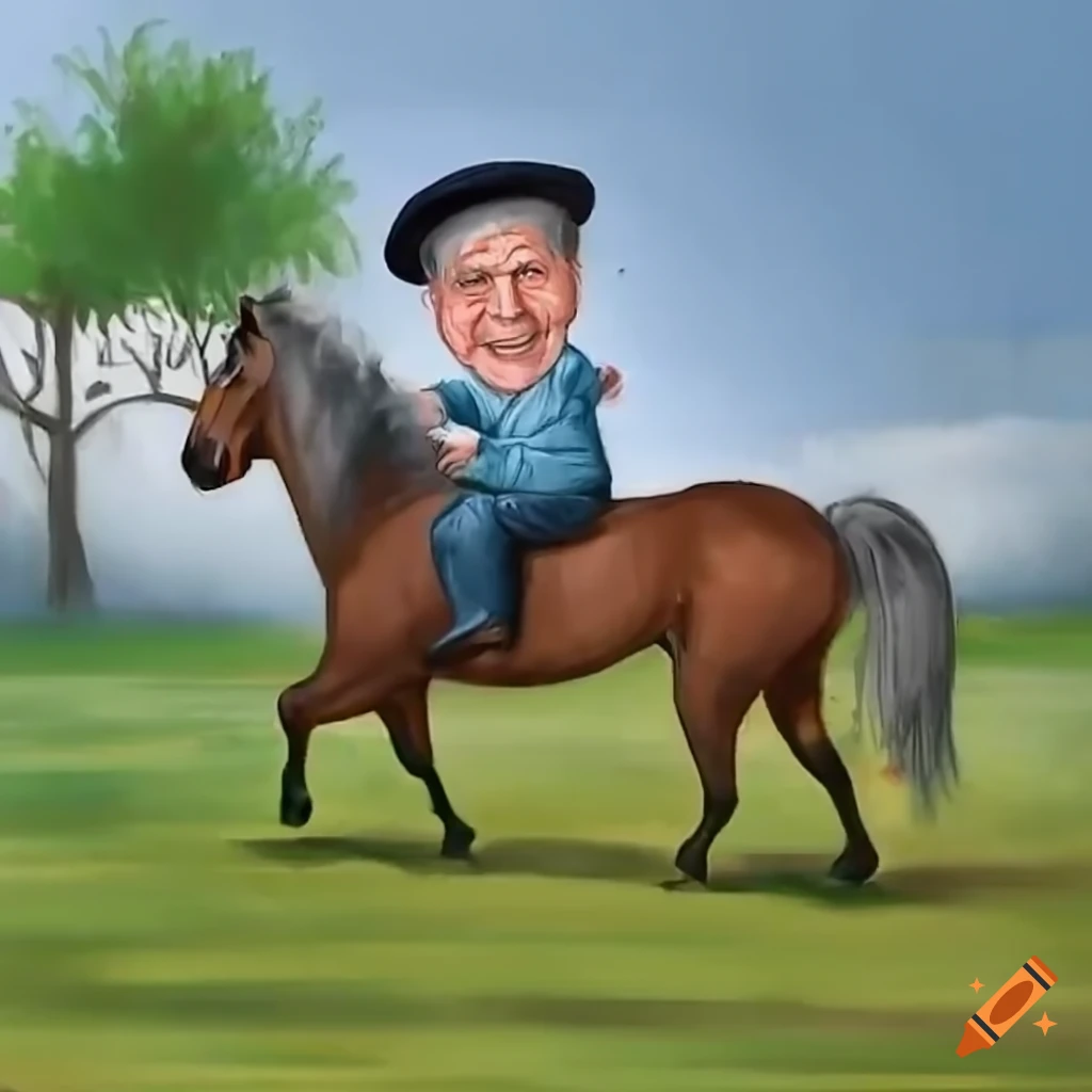 Caricature of a grandfather riding on a cart pulled by a horse on Craiyon