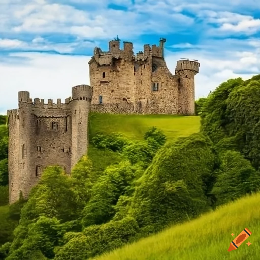 Medieval castle perched on a hill on Craiyon