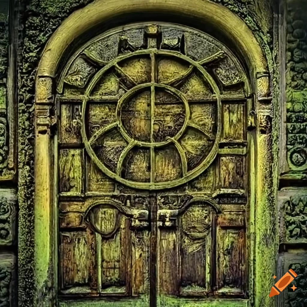 Ancient doors with engraved solar symbols on Craiyon