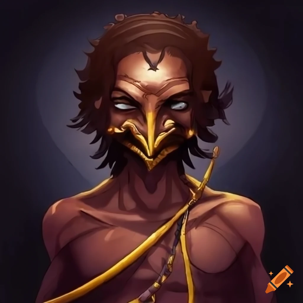 Anime character wearing a crow mask and traditional indian clothes
