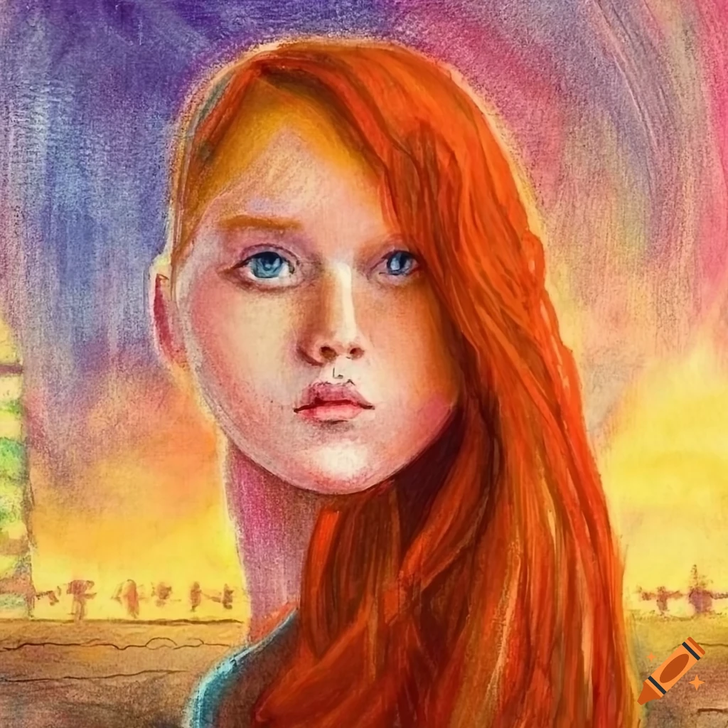 Crayon drawing of a girl with red hair against industrial landscape on ...