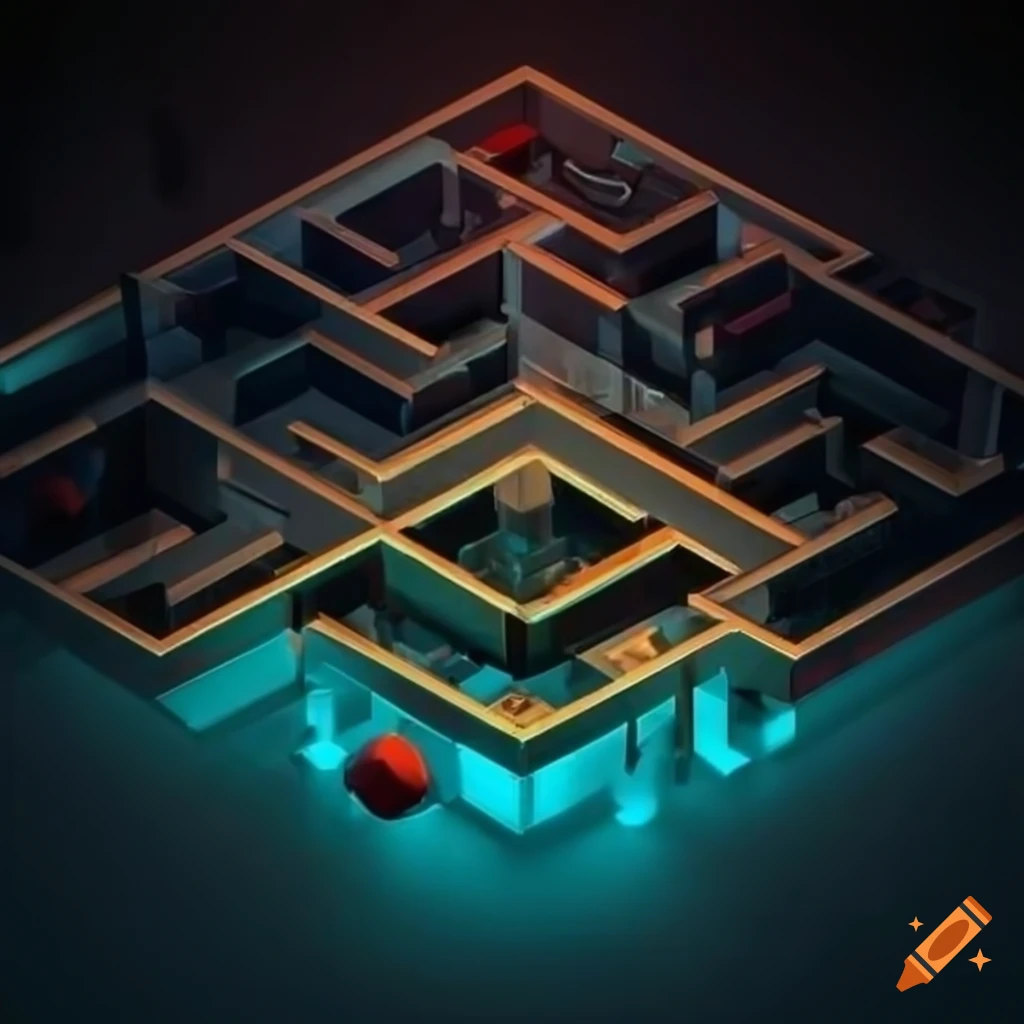 3d schematic maze game with a robot finding its way on Craiyon