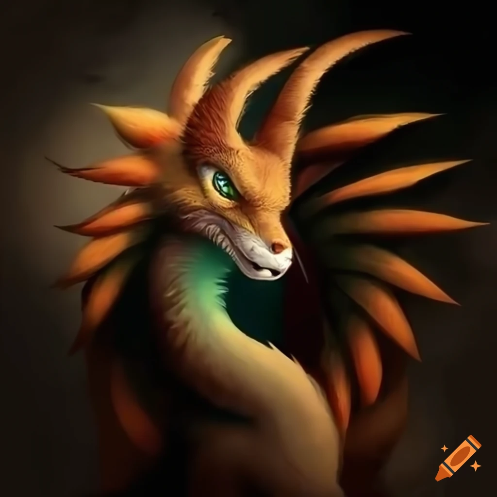 Illustration of a colorful dragon in a fall forest on Craiyon