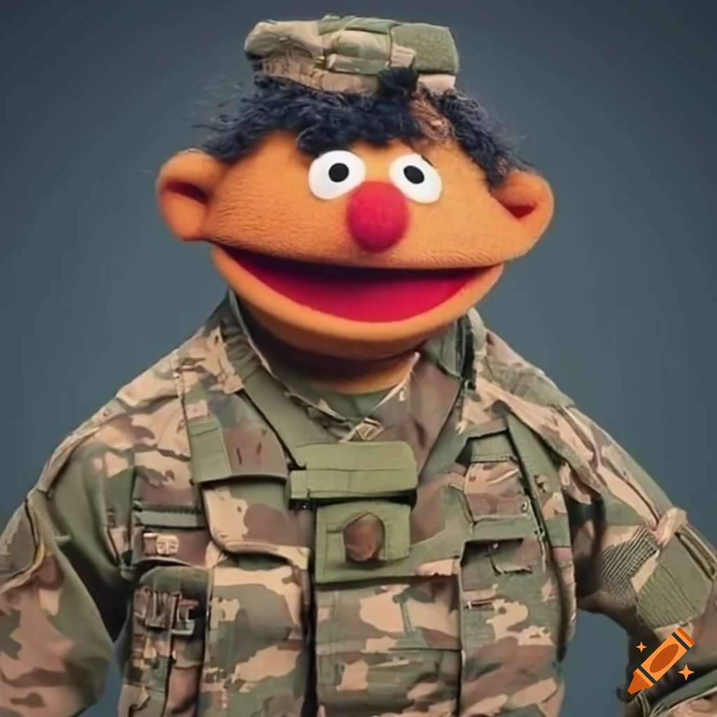Ernie from the Muppets dressed in US army combat gear on Craiyon