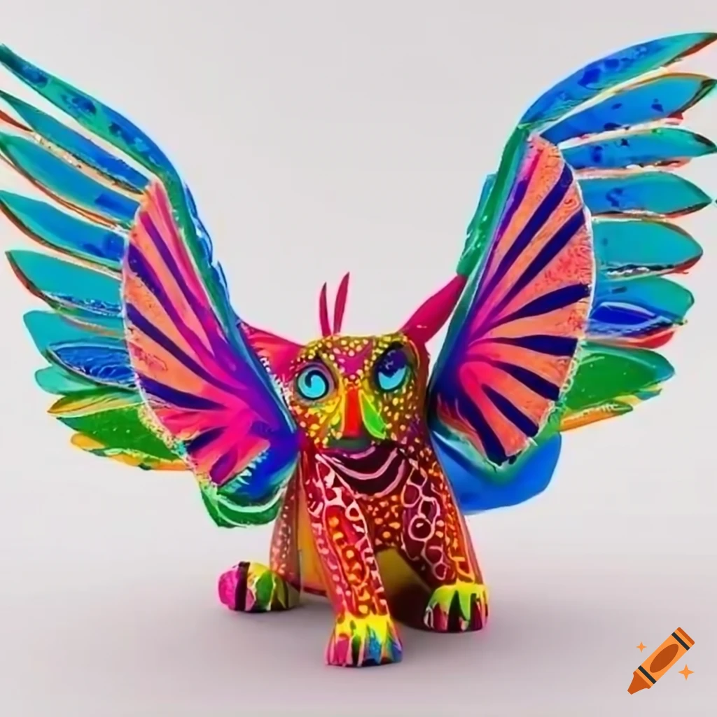 Colorful alebrije sculpture with wings on a white background