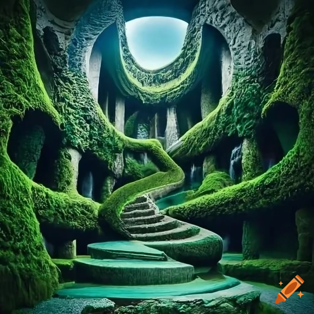 Fantasy moss-covered building with helical staircase on Craiyon