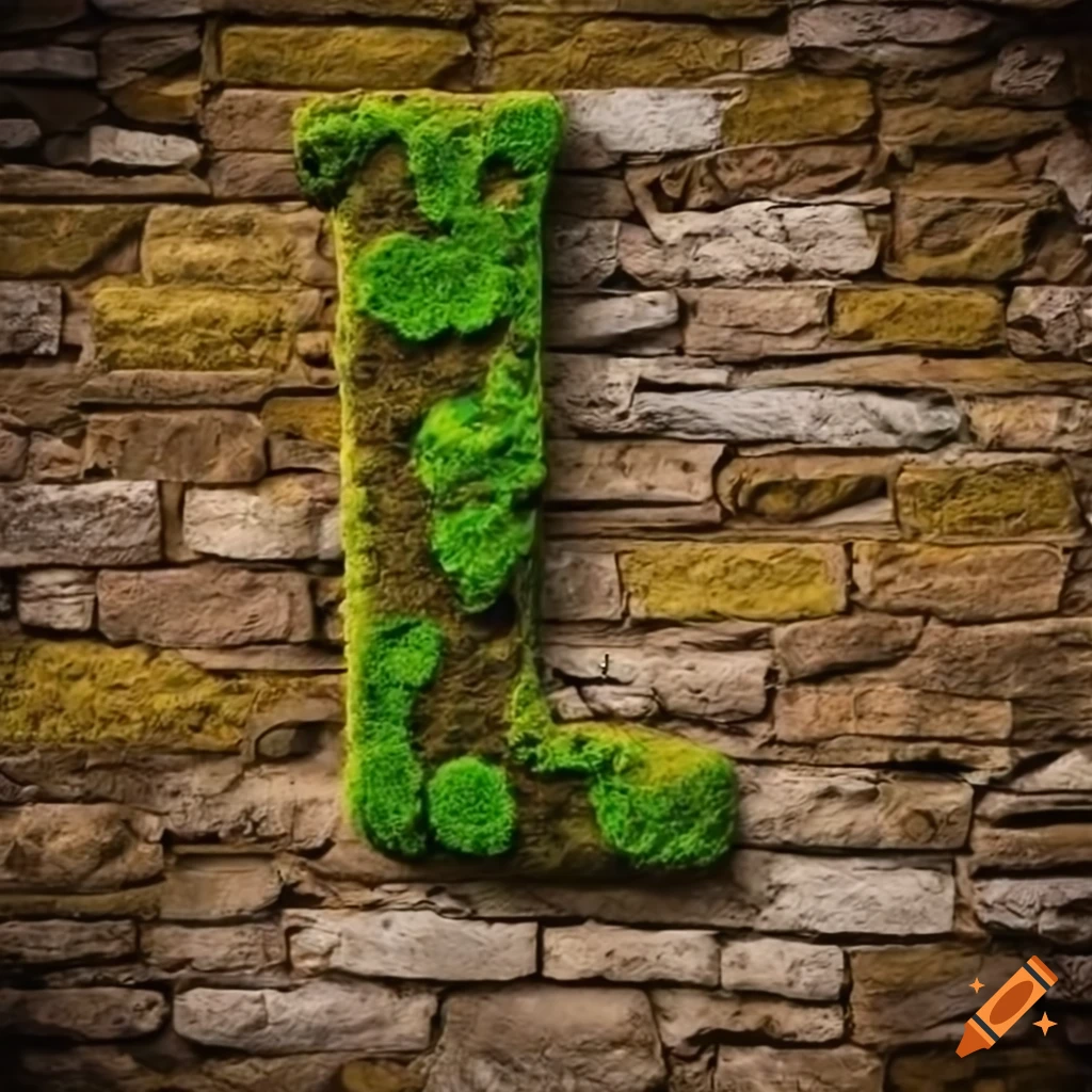 Moss-covered stone letters on a stone wall