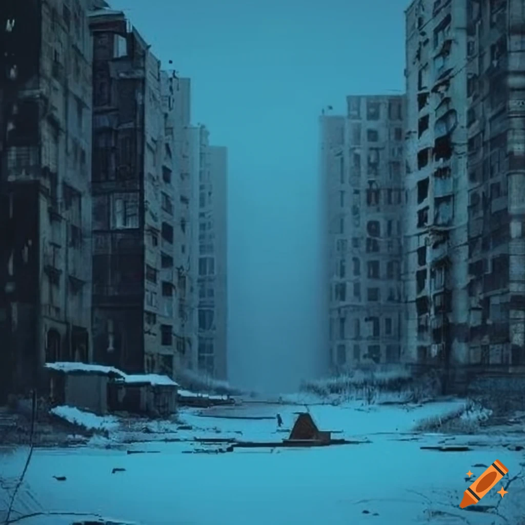 Crumbling abandoned brick buildings sinking into ocean in pale orange ...