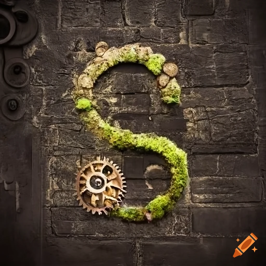 Steampunk stone letters covered in moss on Craiyon