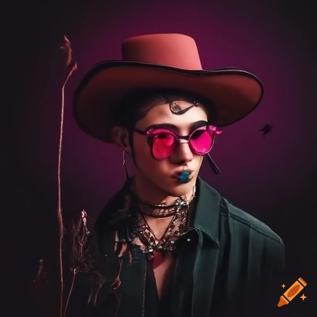 Cumbia hippy goth cowboy with flowers in his hat