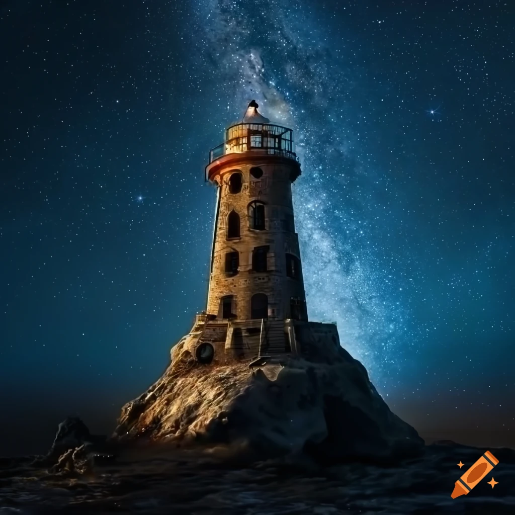Steampunk lighthouse on dark asteroid with planets in background on Craiyon