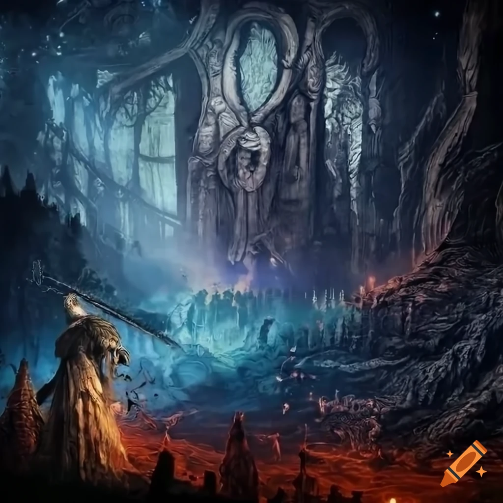 Intricate mural depicting cosmic world of elden ring with lovecraftian ...