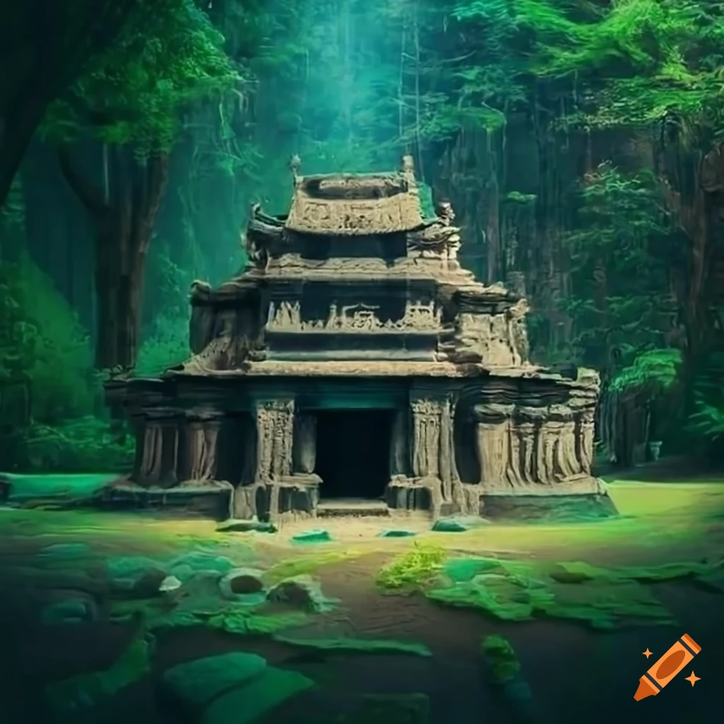 Ancient temple with unique sculptures in a forest on Craiyon