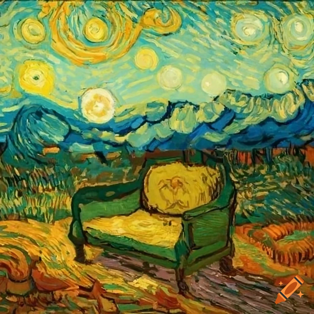 Van gogh style painting of a sofa in a mountainous landscape