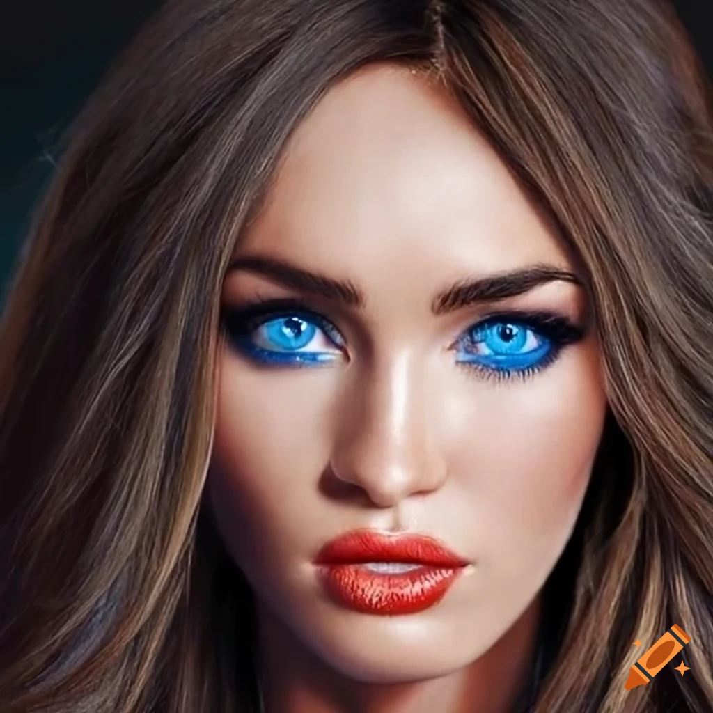 Portrait of Megan Fox with blue catlike eyes on Craiyon