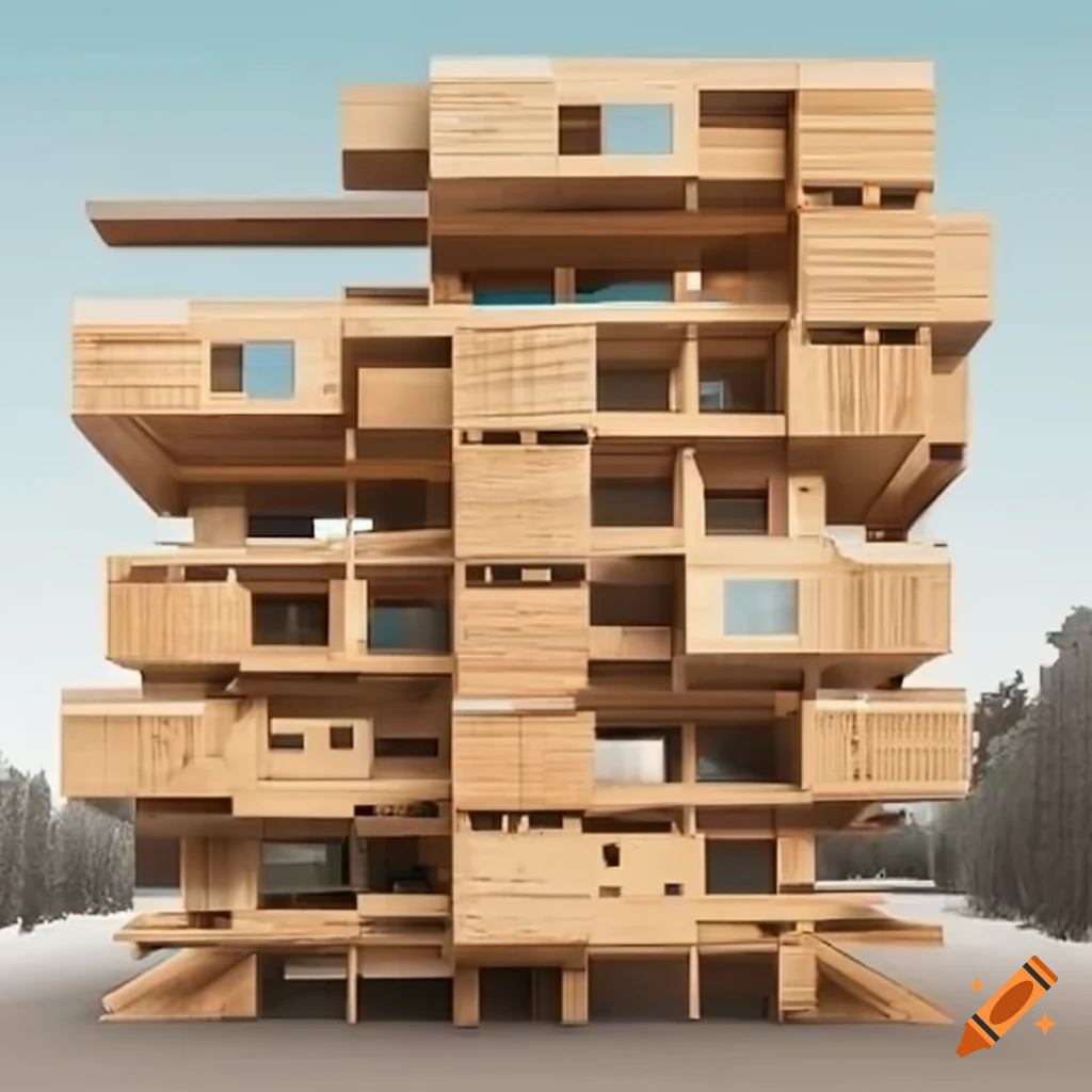 Unique modular housing in a city made of wooden blocks on Craiyon