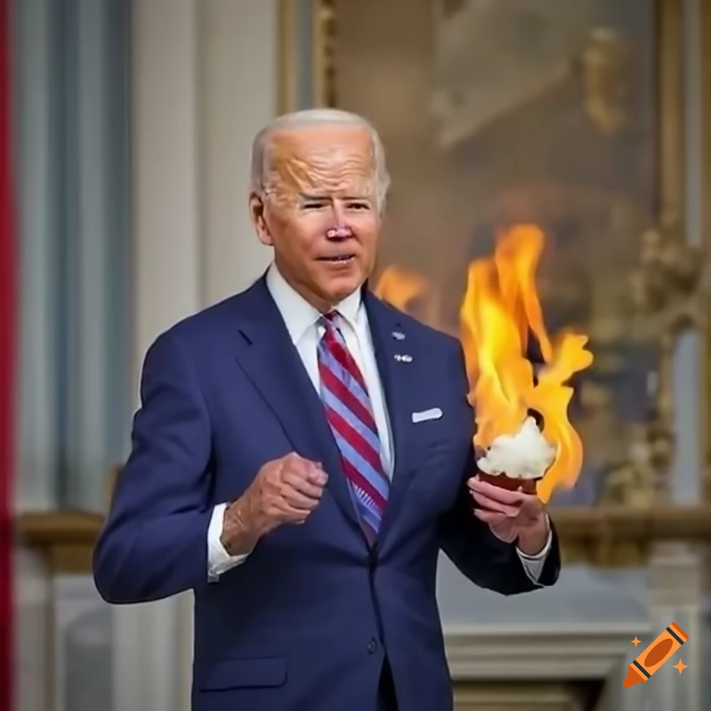 Satirical image of joe biden extinguishing a fire with ice cream