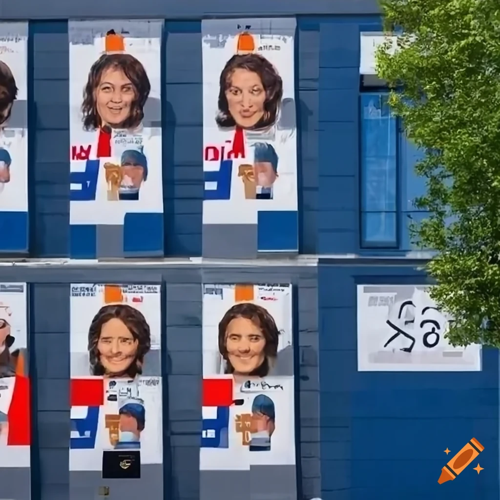Dutch election posters with male and female portraits on a wall on Craiyon