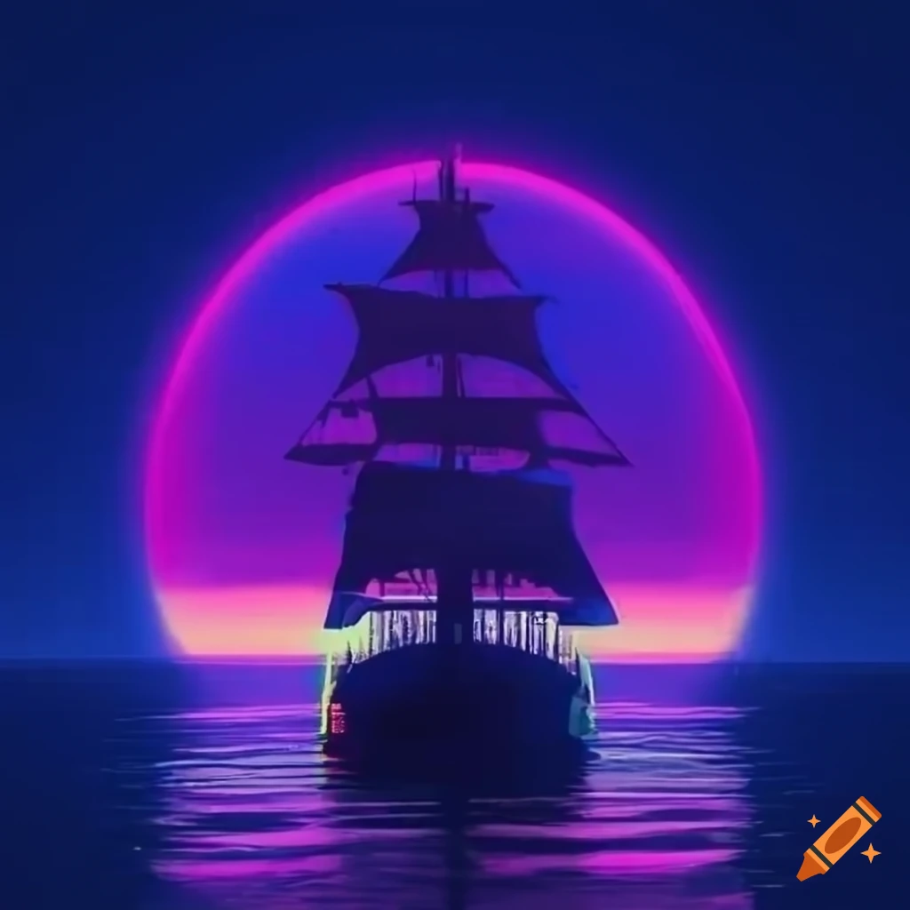 Vaporwave pirate ship on a grid ocean