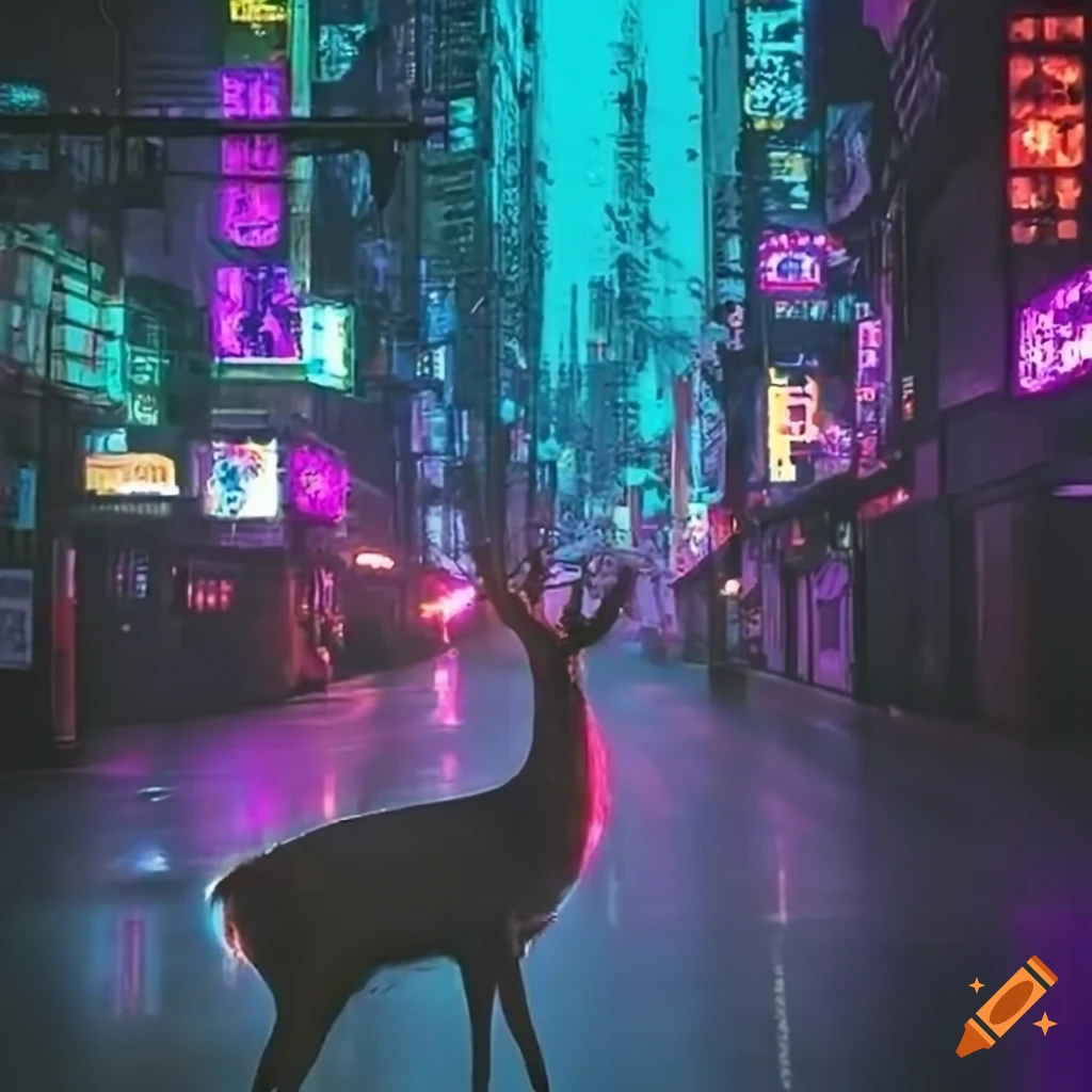 Cyberpunk city with a deer