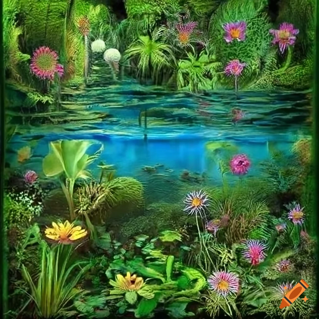 High-resolution painting of a jungle with a castle by a lake