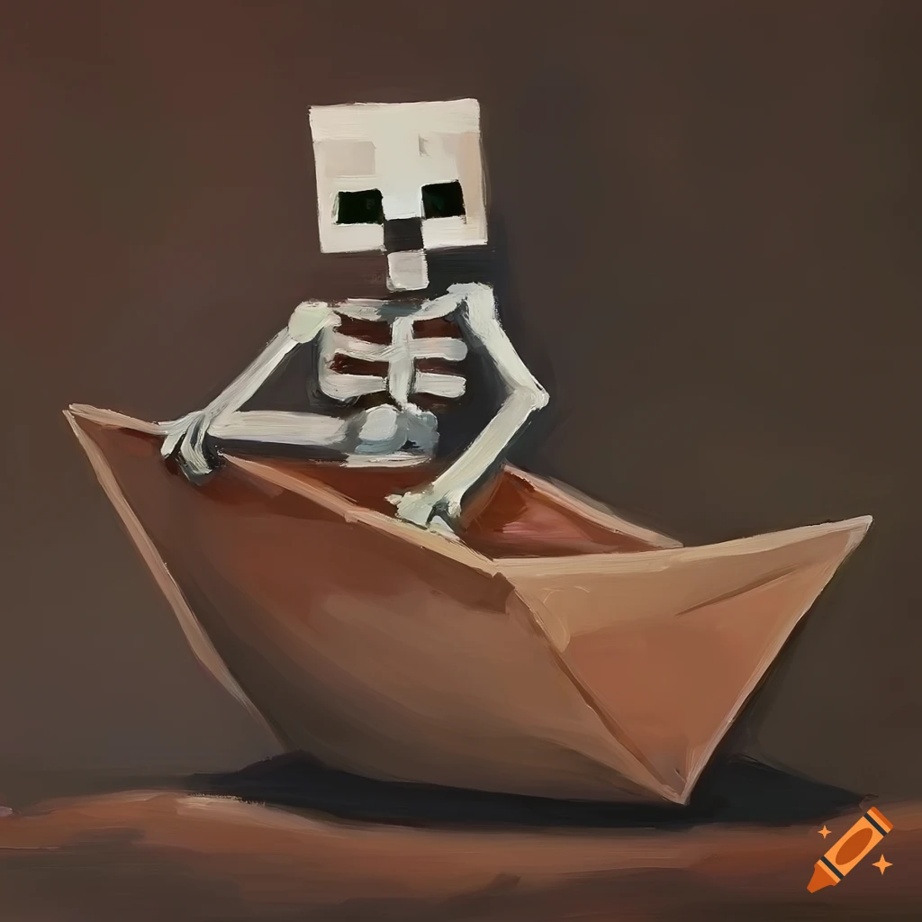 Oil painting of a minecraft skeleton in a boat on Craiyon
