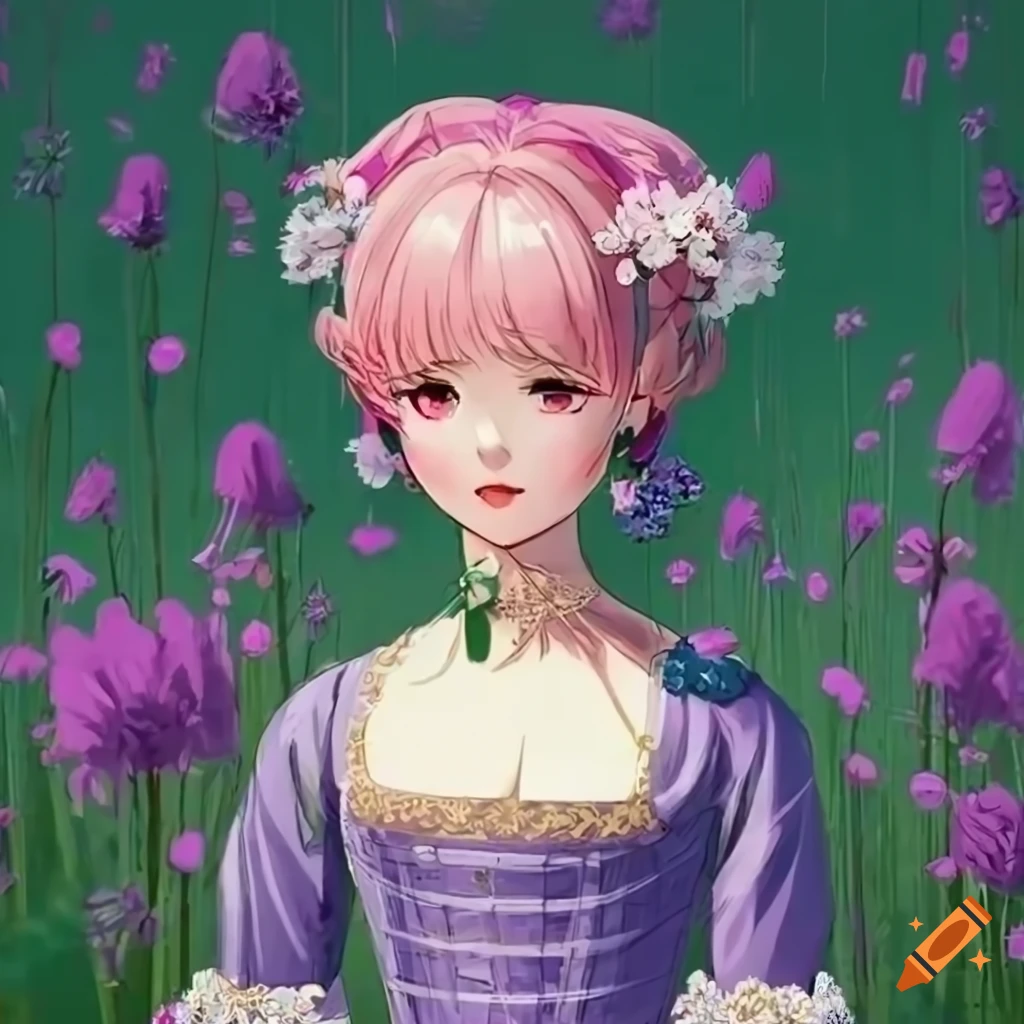 Anime character in 18th century clothing standing in a field of flowers ...