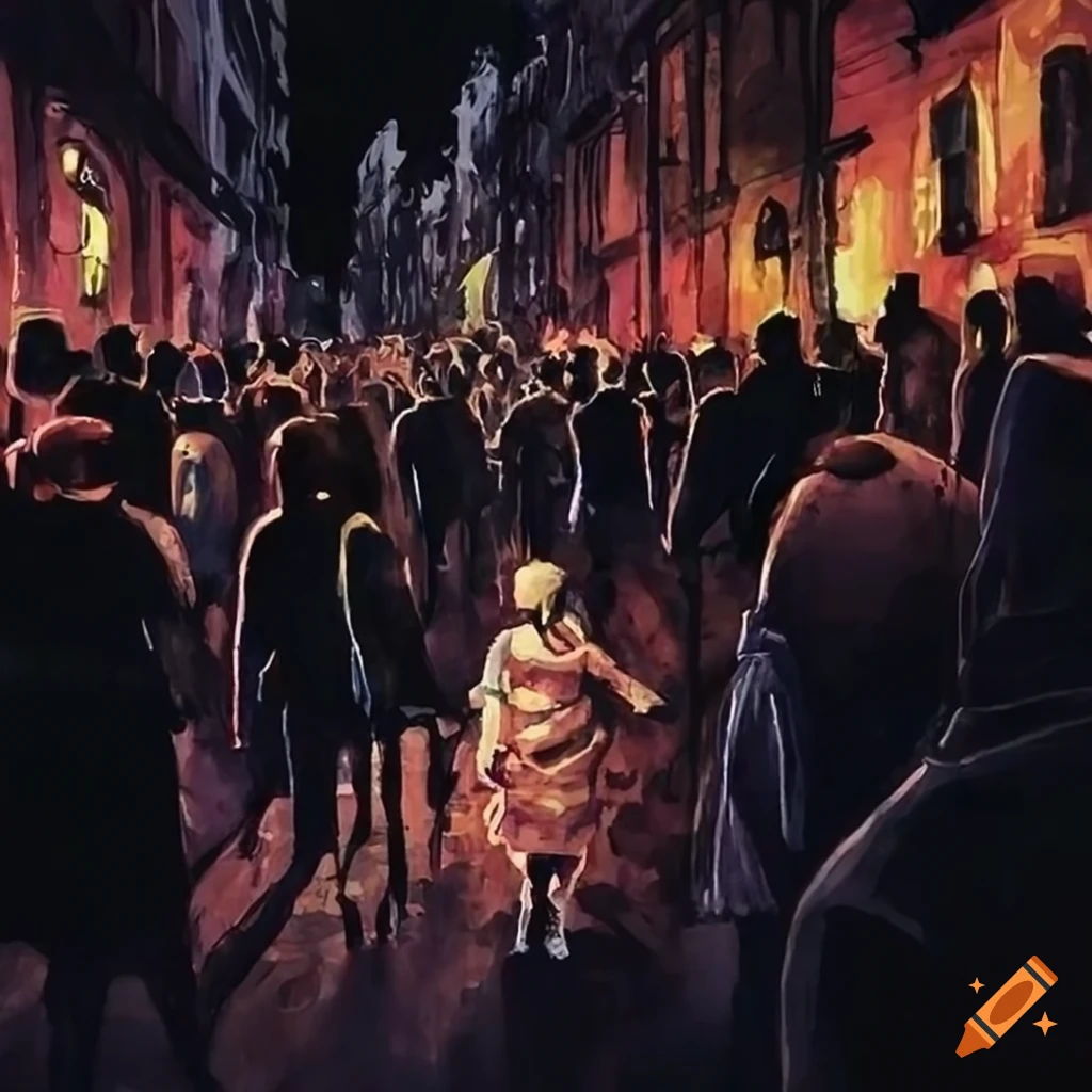Contemporary watercolor painting of a crowded city street