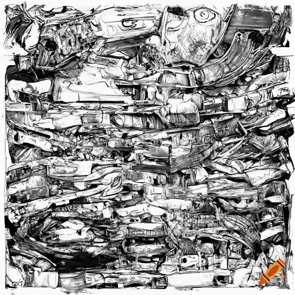 Black and white drawing of a junkyard on Craiyon