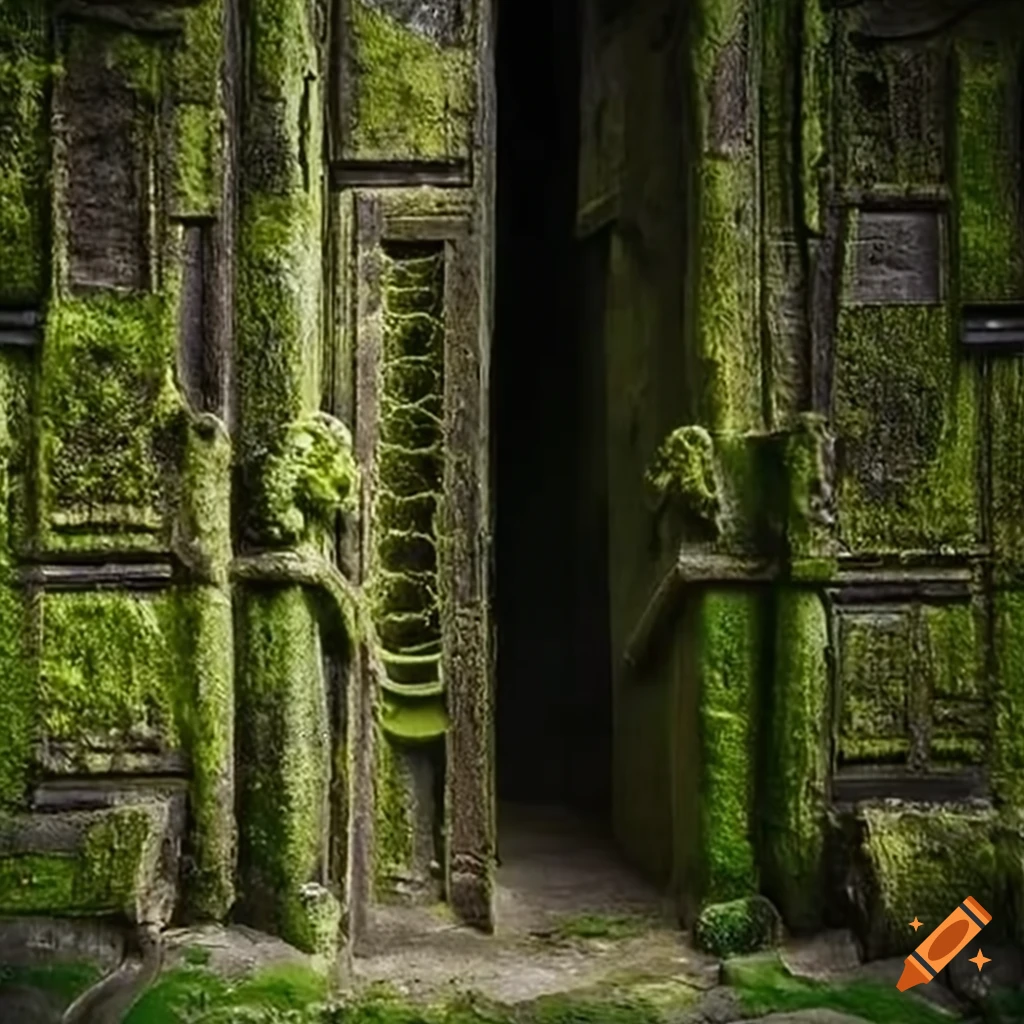 Engraving of the all-seeing eye over moss-covered doors