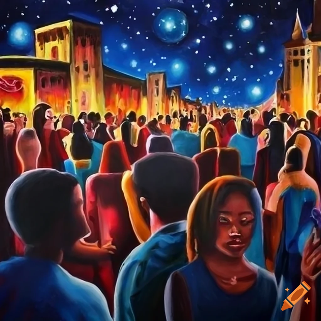 Realistic acrylic painting of a diverse crowd at night on Craiyon