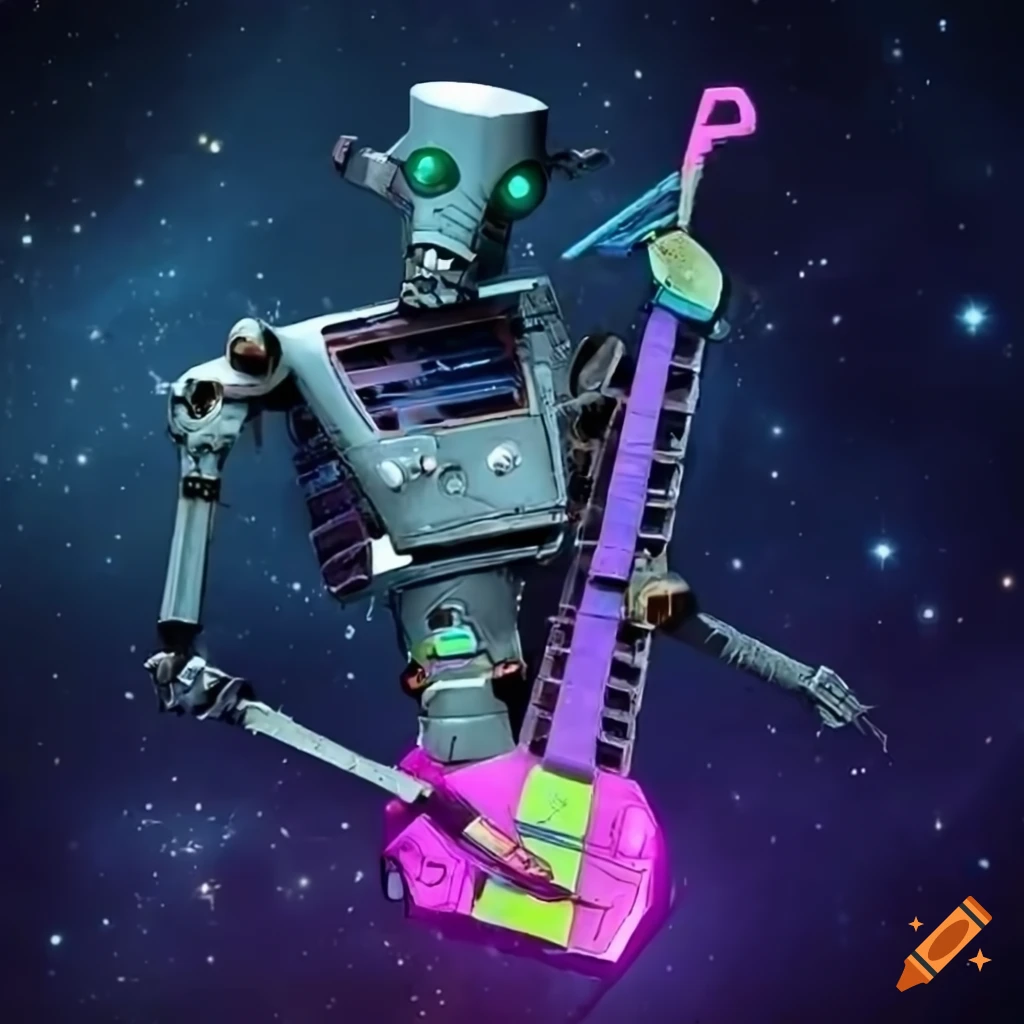 Image of a broken robot playing a keytar in space on Craiyon