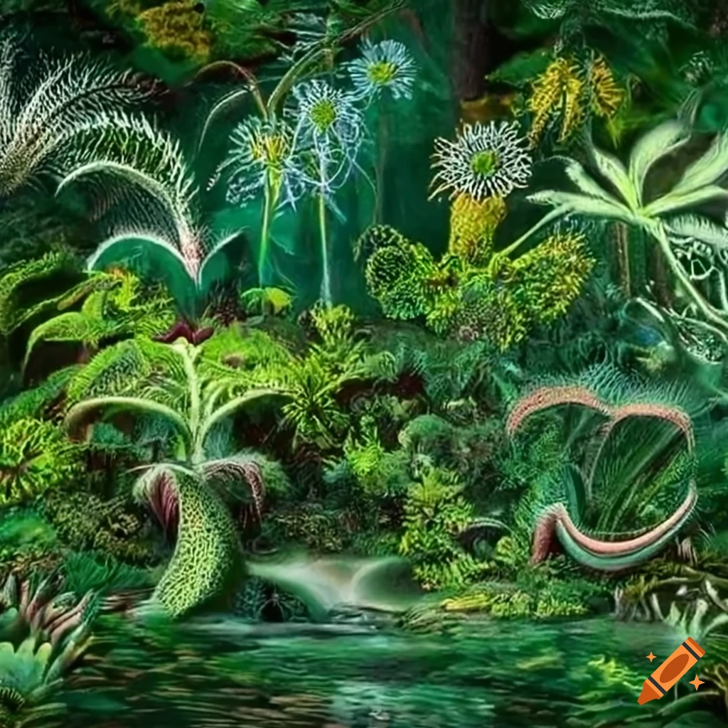 Painting of a jungle with a castle near the lake