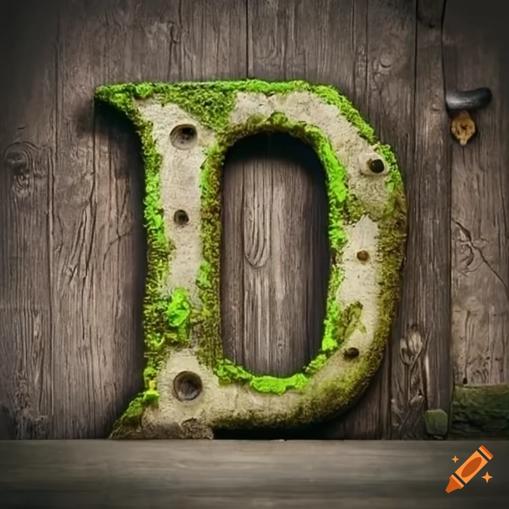 Steampunk wooden letter 'a' with moss-covered stone doors