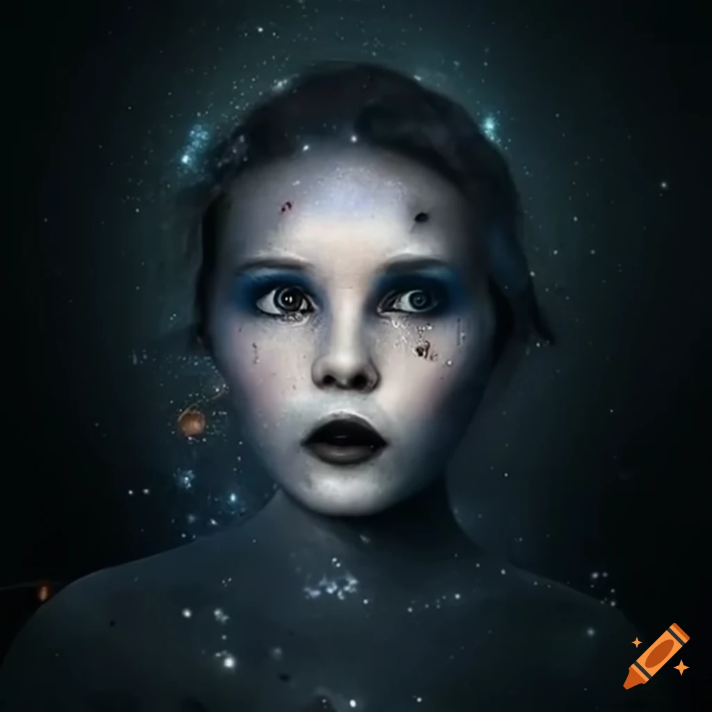 Surrealistic art with a girl looking into cosmic darkness