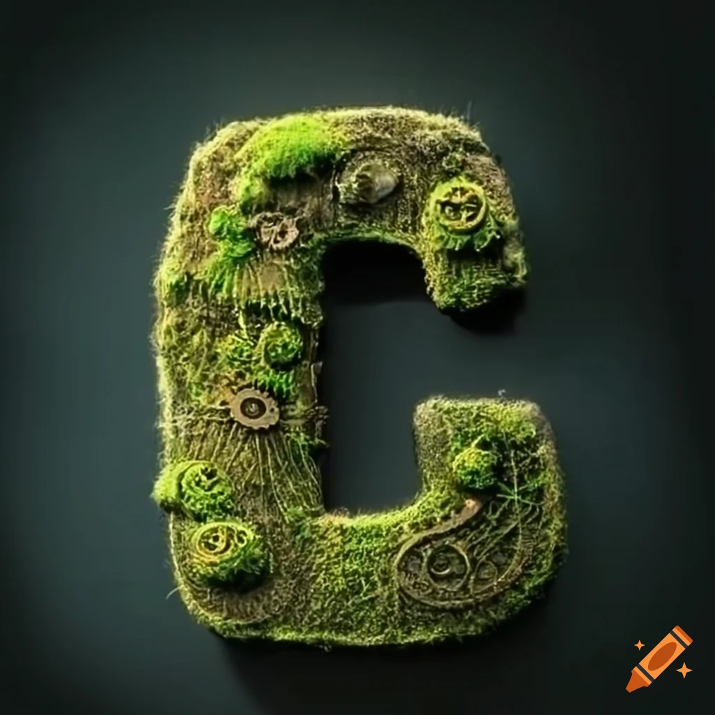 Steampunk stone letter "a" covered in moss