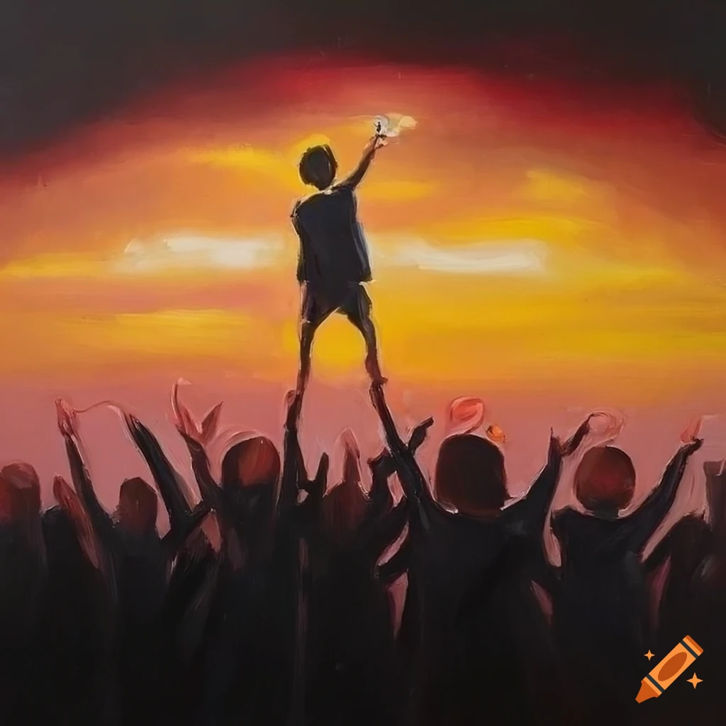 Dark oil painting of a crowd pointing at the sky on Craiyon