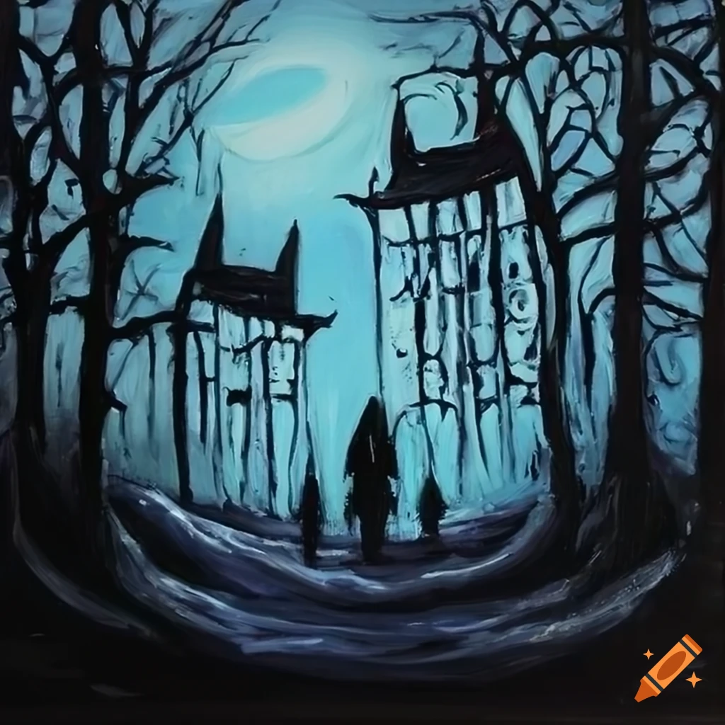 Group of children on a night hike with spooky theme on Craiyon