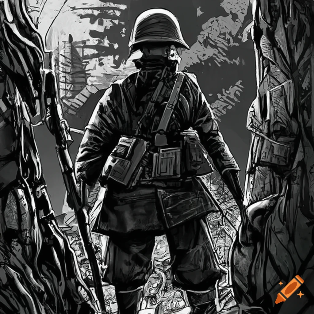 Black and white comic art of a finnish soldier in wwii on Craiyon