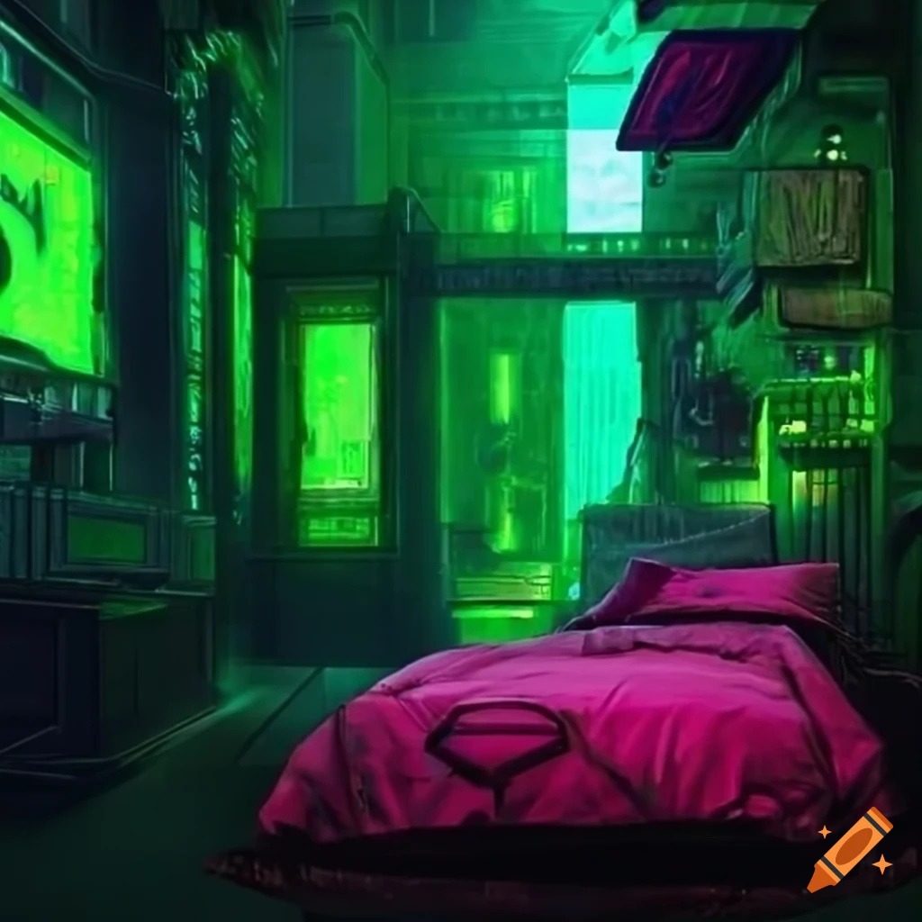 Cyberpunk-themed green bedroom on Craiyon