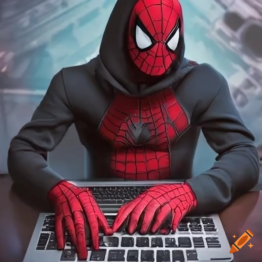 Spiderman typing on a laptop in a black hoodie on Craiyon