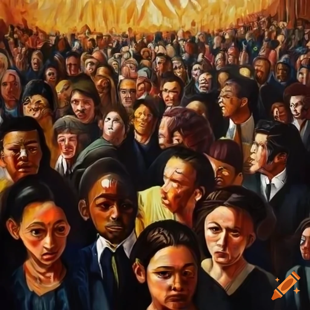 Realistic painting of emotionless crowd