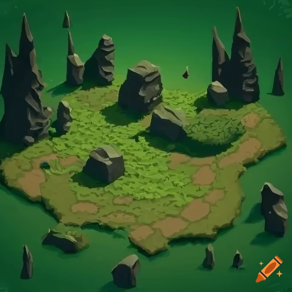 Isometric rpg tilemap of a world with stone, grass, and forest